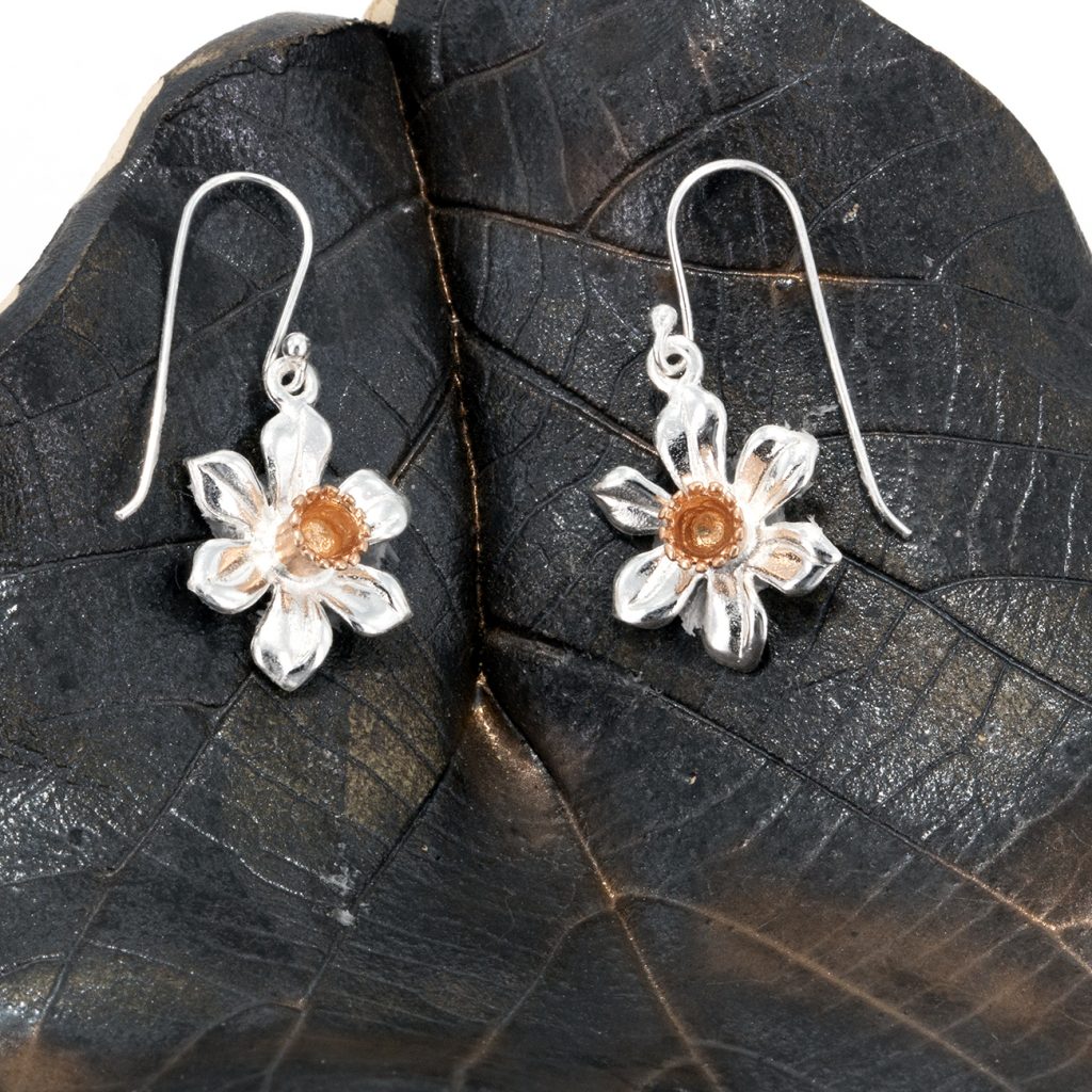 Sterling Silver and Rose Gold Daffodil Earrings | Flower Earrings