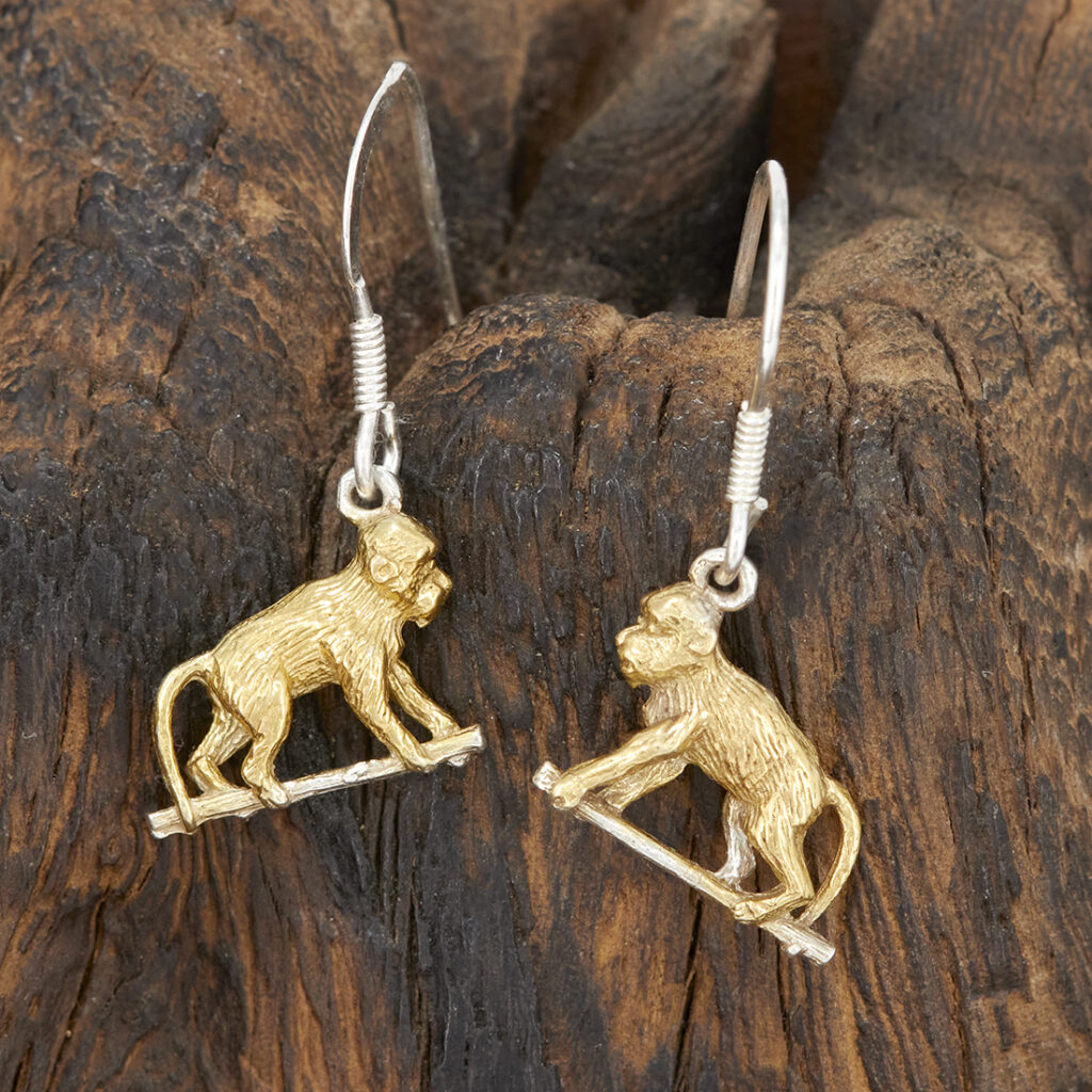 Monkey earrings in 18 carat Gold on Silver - Simon Kemp Jewellers